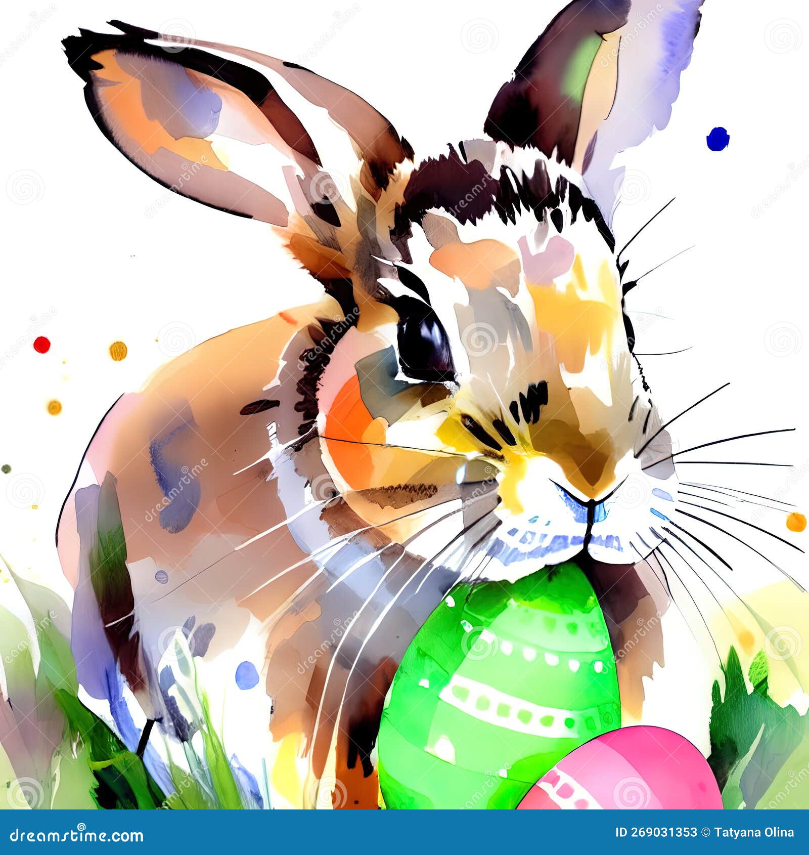 Digital Watercolor Easter Bunny with Easter Eggs Stock Illustration ...