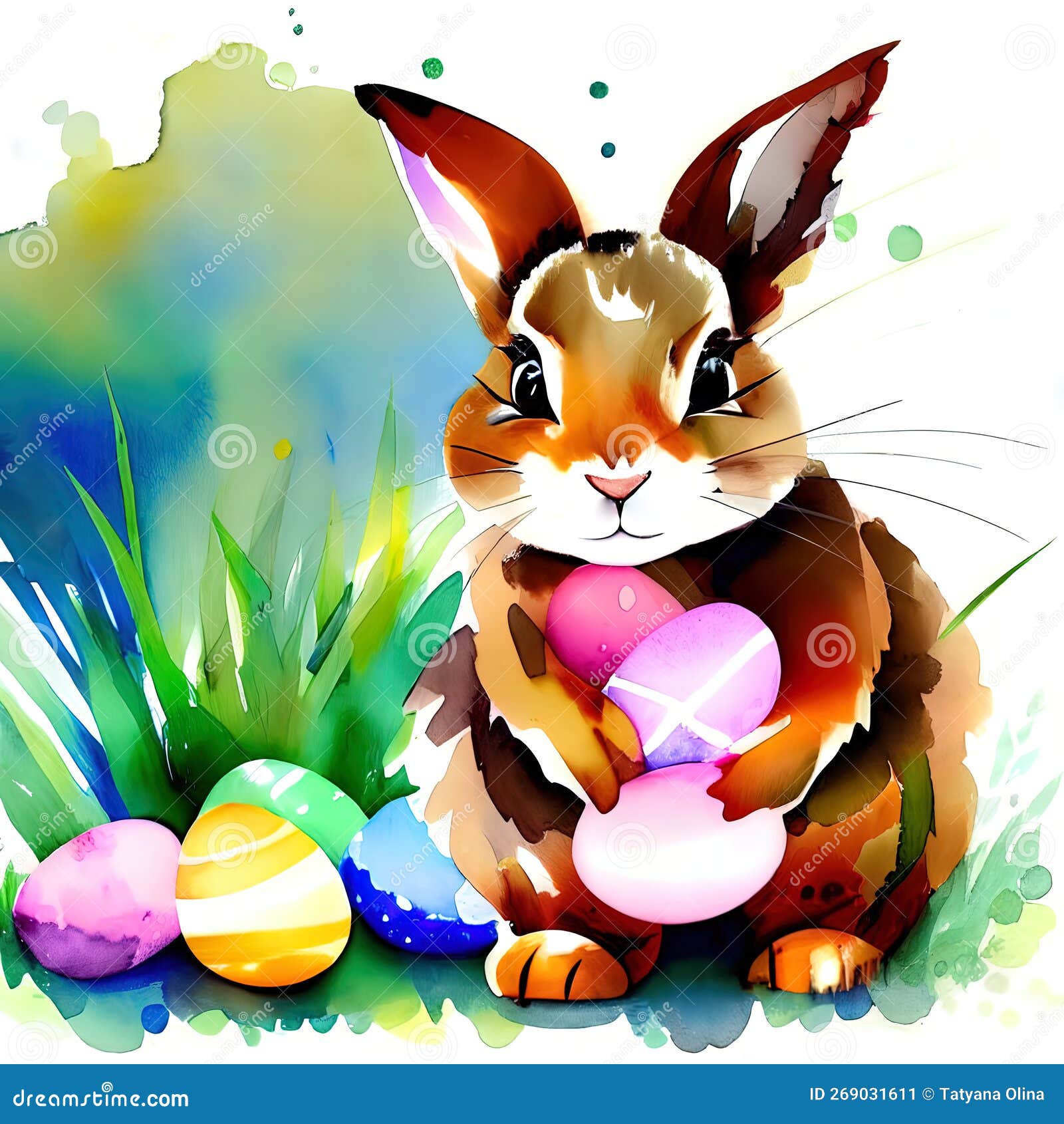 Digital Watercolor Easter Bunny with Easter Eggs Stock Illustration ...