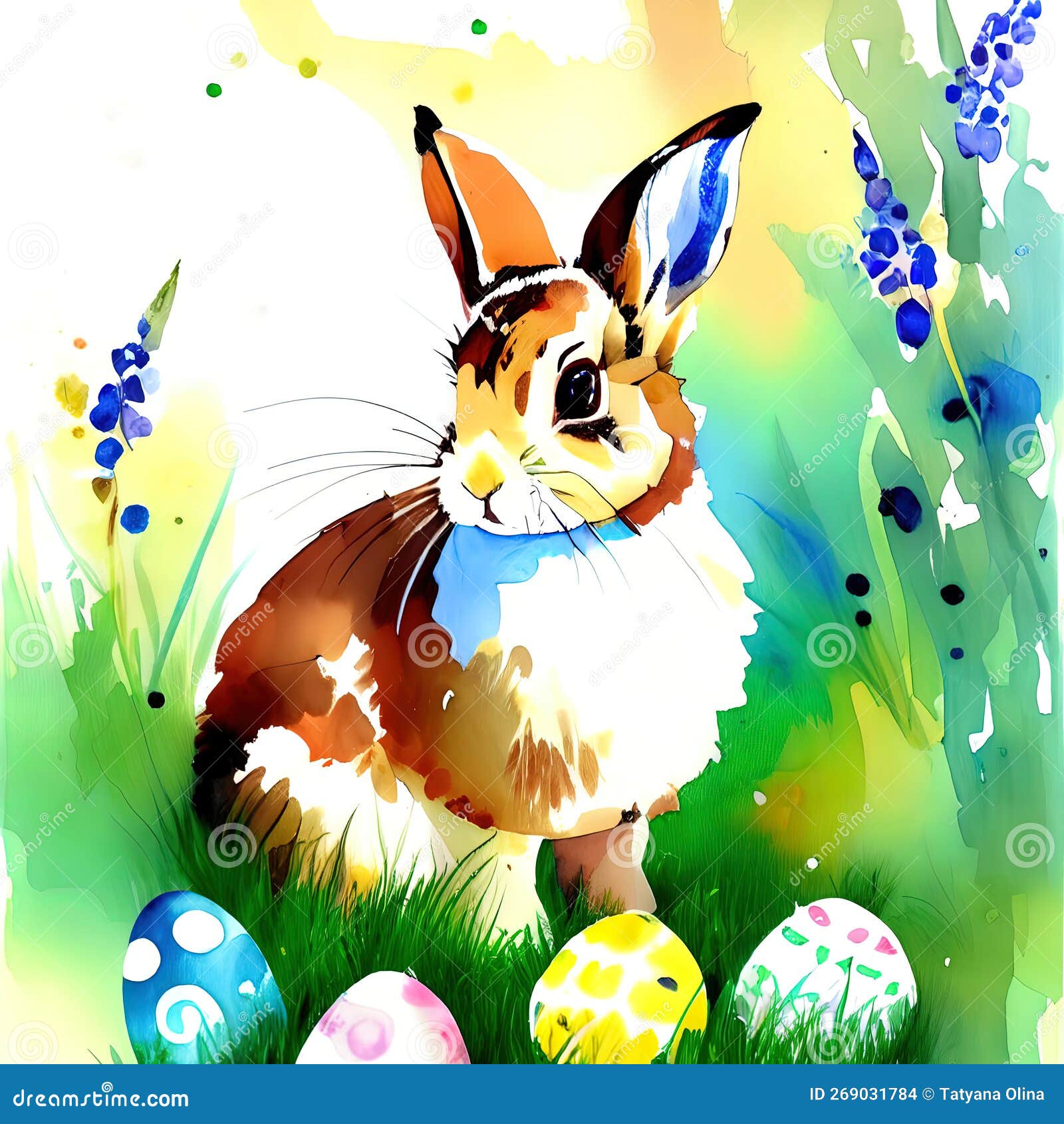Digital Watercolor Easter Bunny with Easter Eggs Stock Illustration ...