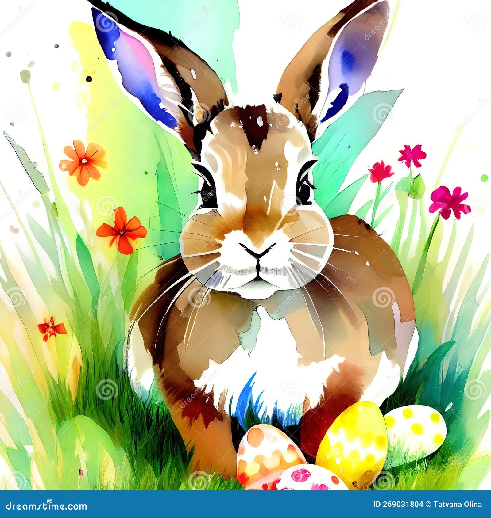 Digital Watercolor Easter Bunny with Easter Eggs Stock Illustration ...