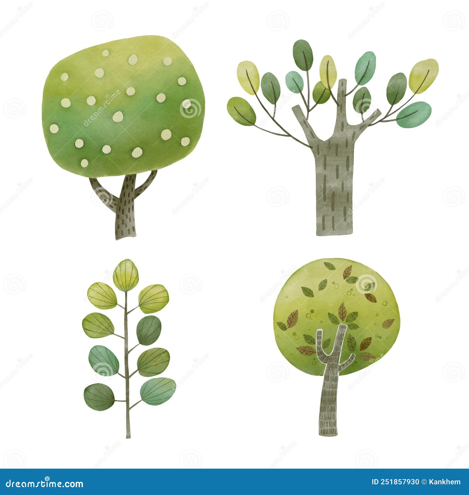 Digital Watercolor Painting Green Tree Set 1 Stock Vector ...