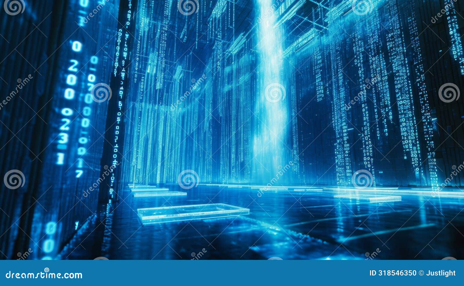 A Digital Waterfall Cascades in Front of a Wall of Data Highlighting ...