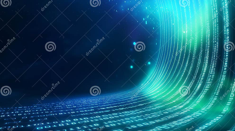 Digital Wave of Binary Code Flowing through a Dark Space with Glowing ...