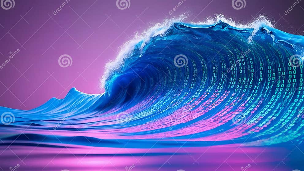 Digital Wave Crashing in Neon Colors, Showcasing Binary Code Patterns. Vibrant Hues Create ...