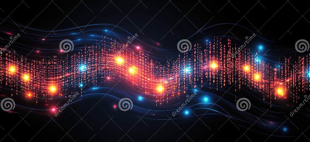 Digital Wave Pattern with Glowing Lights and Binary Code Representation, Showcasing Technology ...