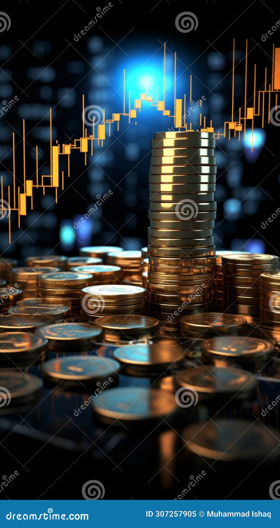 Digital Wealth Ascent 3D Coin Stack with Dynamic Market Backdrop Stock ...