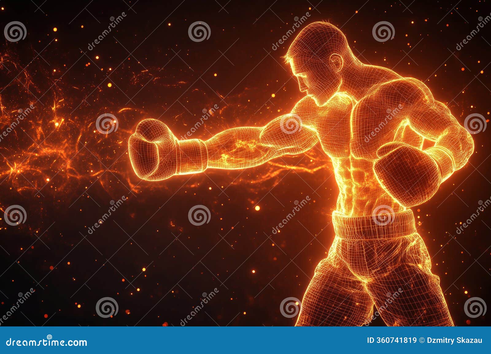 Digital Wireframe Boxer Glowing with Energy, Poised for a Powerful ...