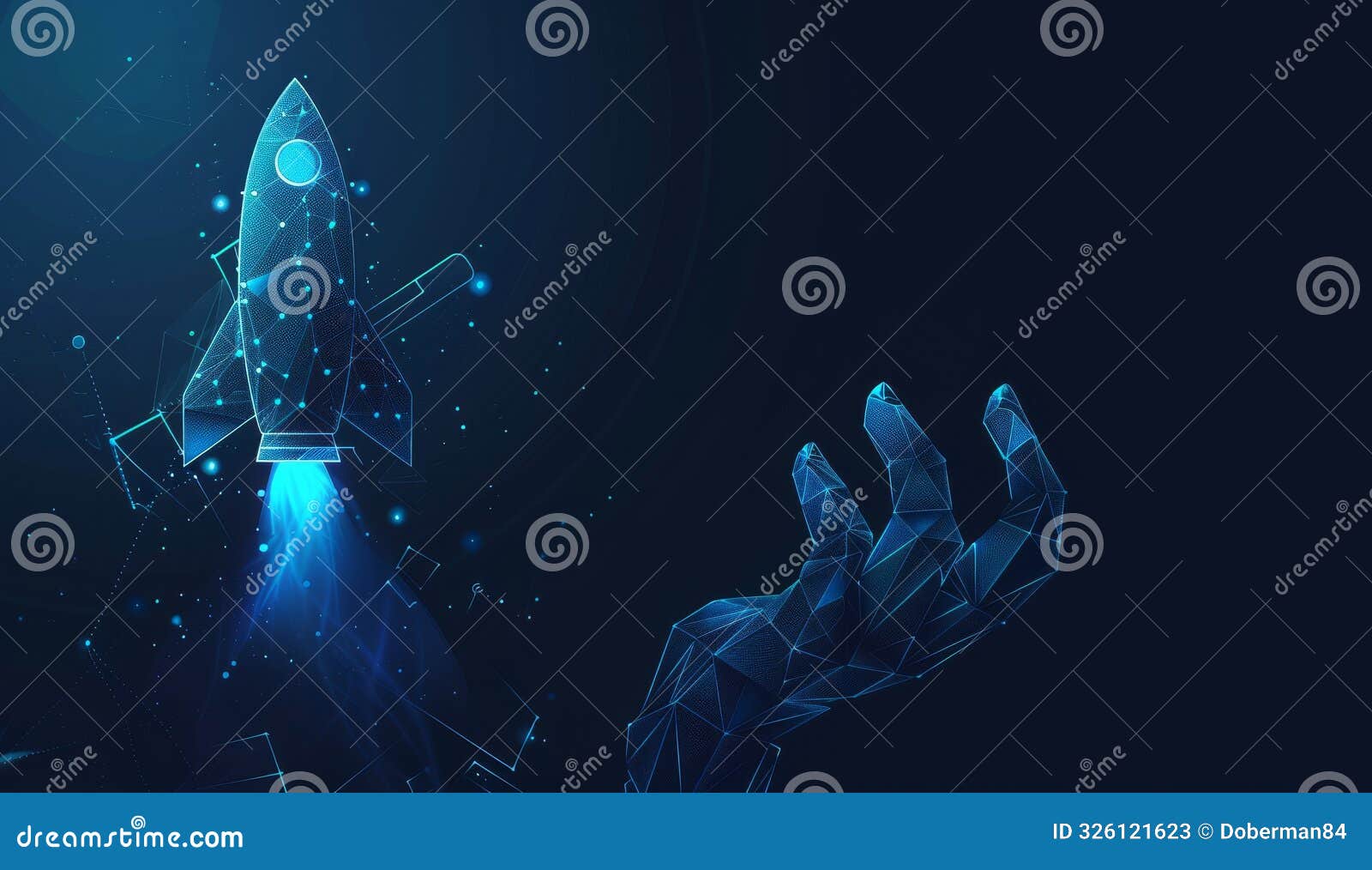 Digital Wireframe Illustration of a Rocket Launch and Robotic Hand in ...