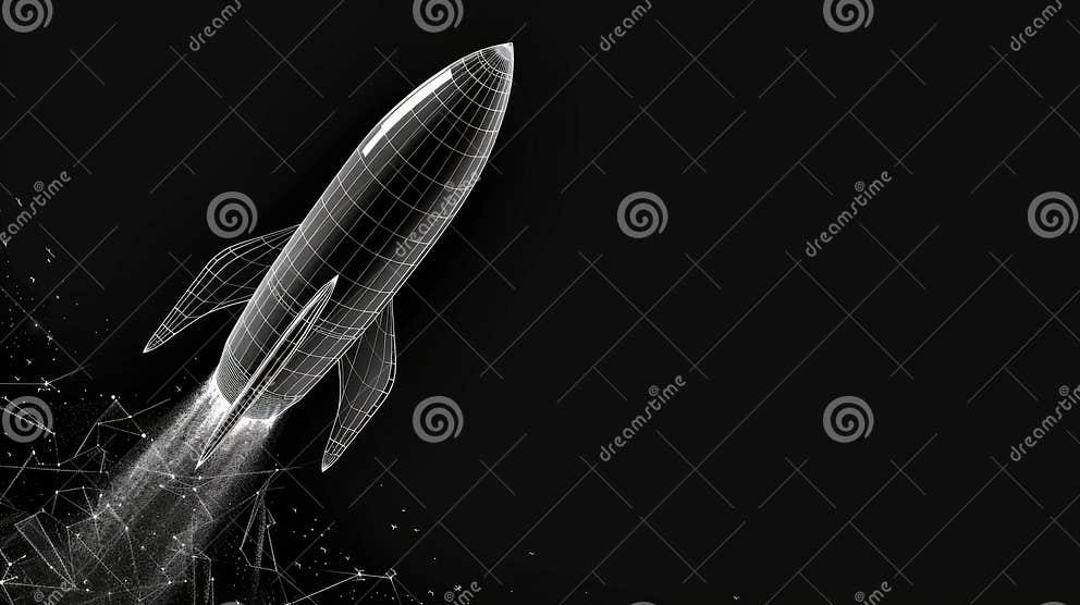 A Digital Wireframe Rocket Launching into a Starry Sky, Overlaying a ...