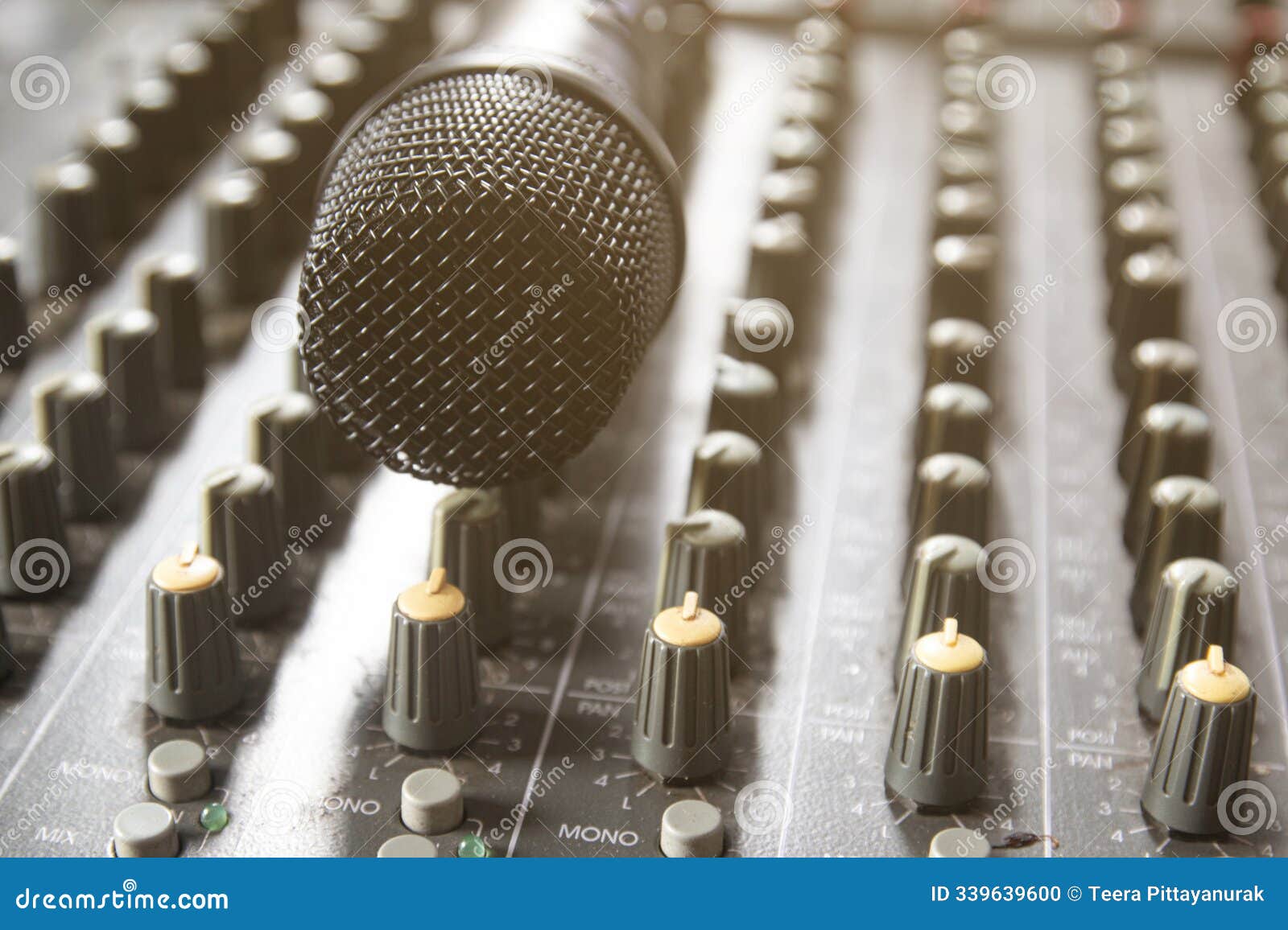Digital Wireless Microphone on an Analog Audio Mixer Stock Photo ...