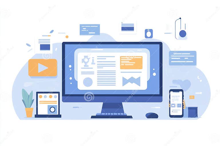 Digital Workspace with Computer and Mobile Device Illustration Stock ...