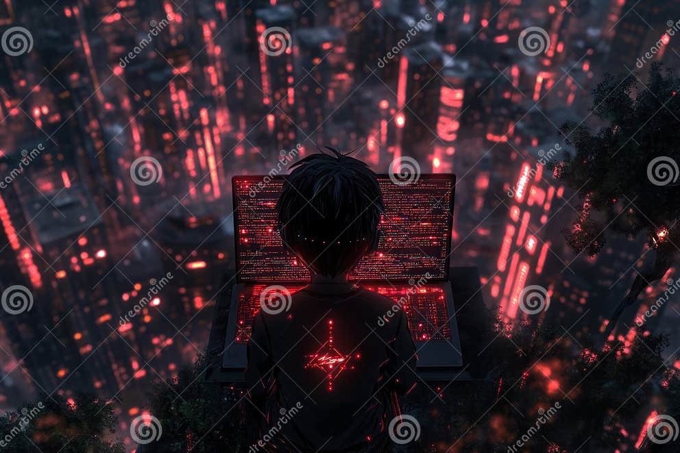 Digital Workspace: Programmer Coding in Futuristic Environment with Cyberpunk Aesthetic and ...