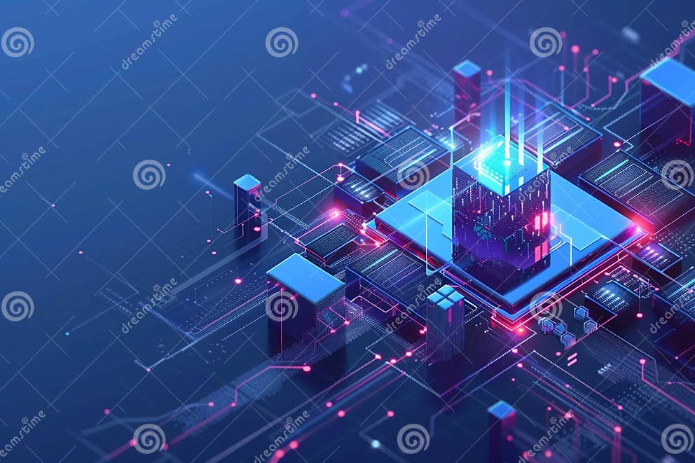 Digital World Abstract 3D Rendering of a Processor and Circuit Board ...