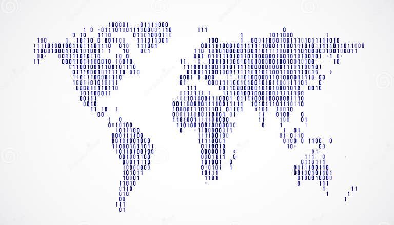 Digital World Map with Binary Code on White Background. 3D Rendering Stock Illustration ...