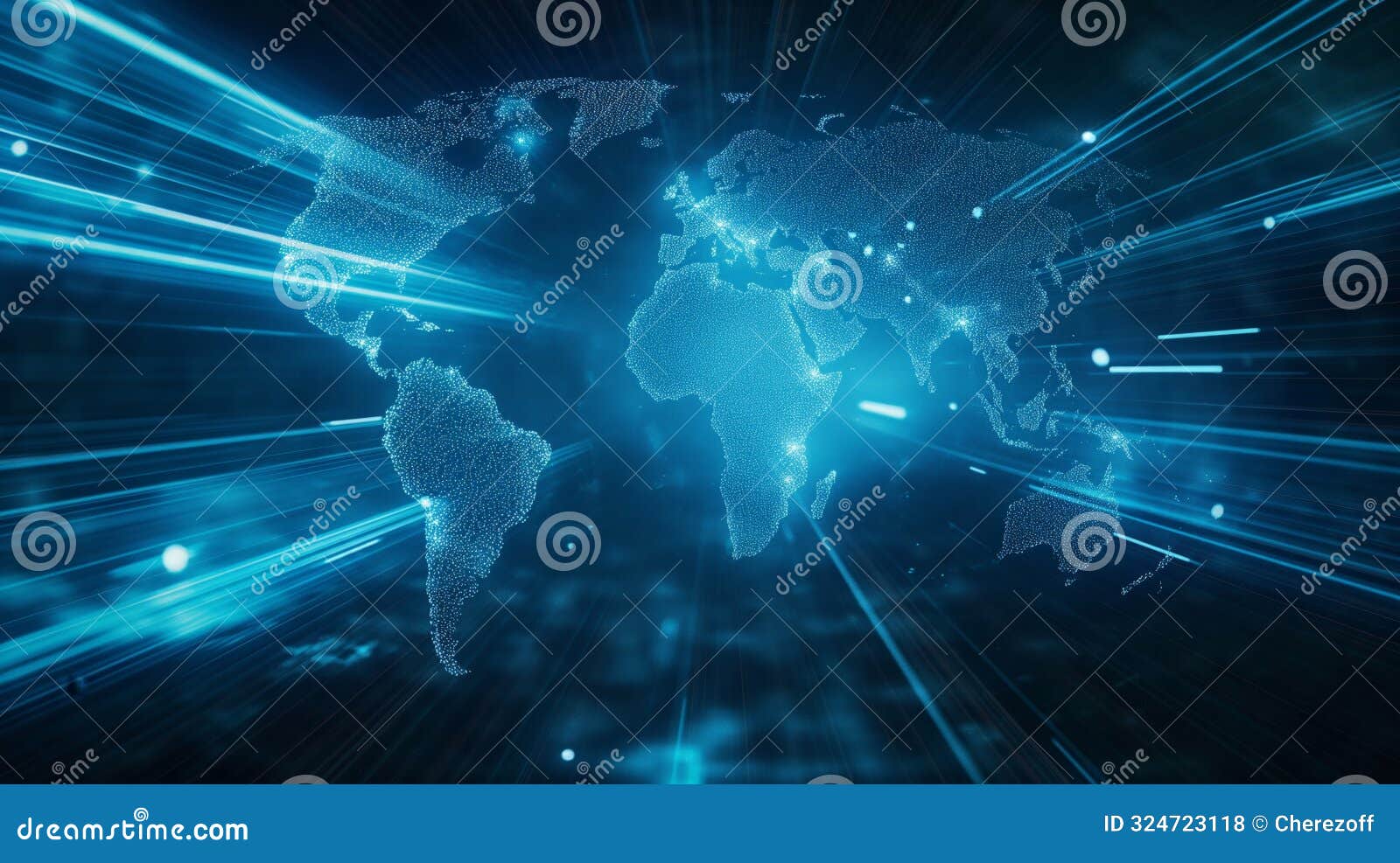 Digital World Map with Blue Light Beams Stock Photo - Image of ...