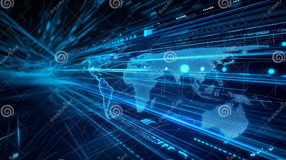 Digital World Map with Blue Light Streaks Stock Photo - Image of ...