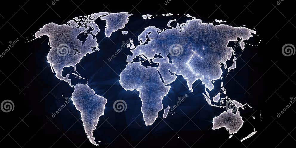 Digital World Map on a Dark Background with Sparkling Light Points ...