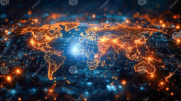 A Digital World Map Glowing with Connected Networks, Representing ...