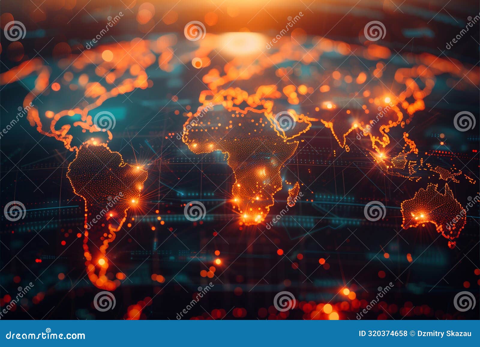 Digital World Map with Glowing Continents and Cities Stock Photo ...