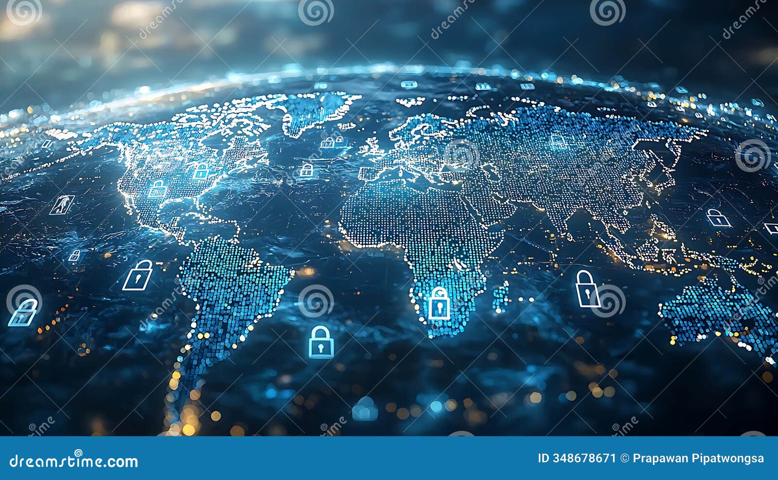 Digital World Map with Glowing Data Points and Security Locks ...