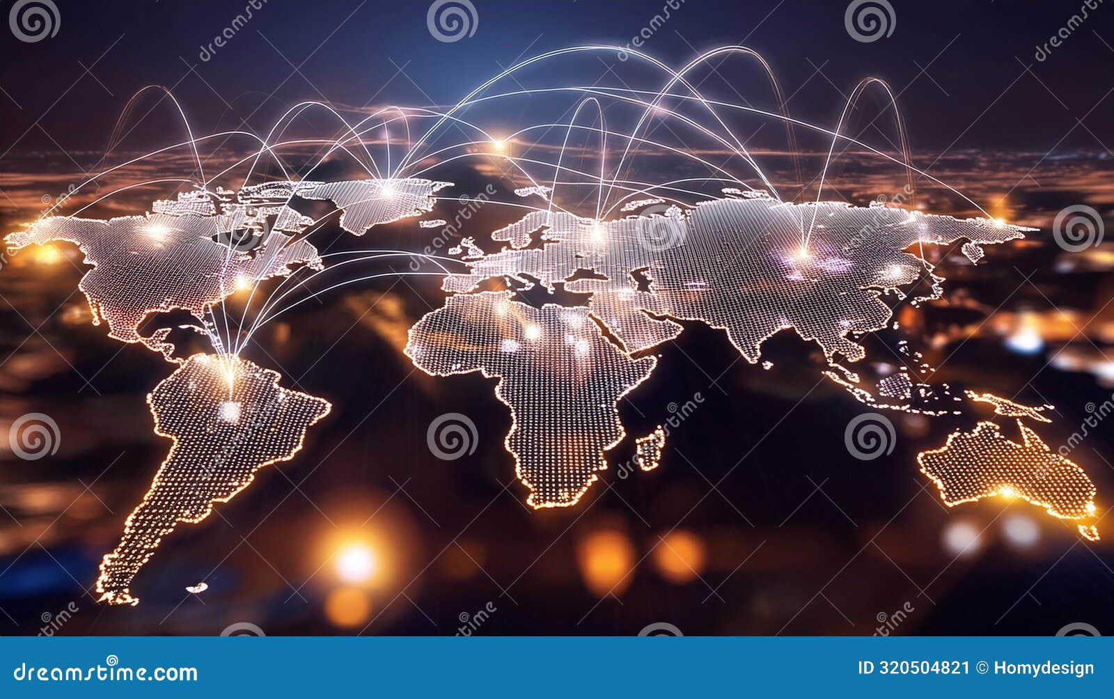 Digital World Map with Glowing Dots and Lines, Representing Global ...