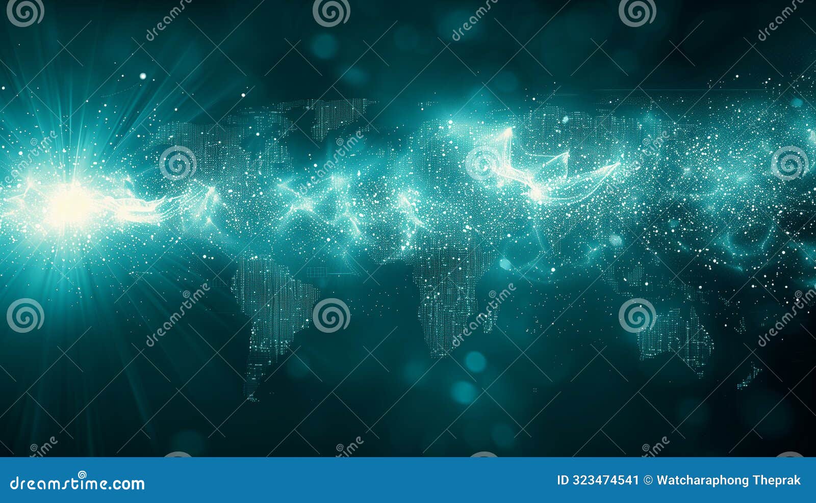 A Digital World Map with Glowing Light Points and Rays, Representing ...