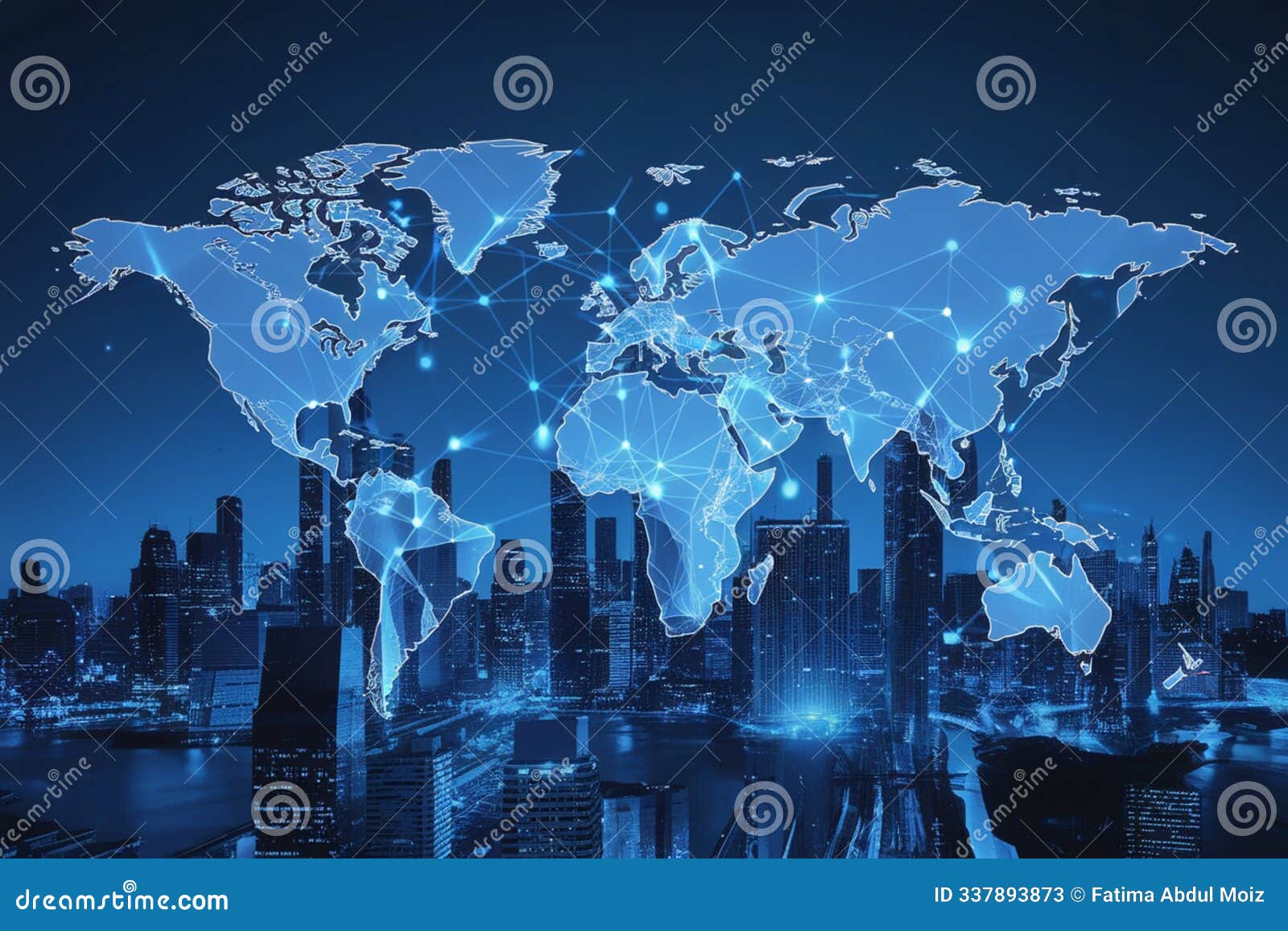 Digital World Map on Grid Background, Glowing Continents Emphasize ...