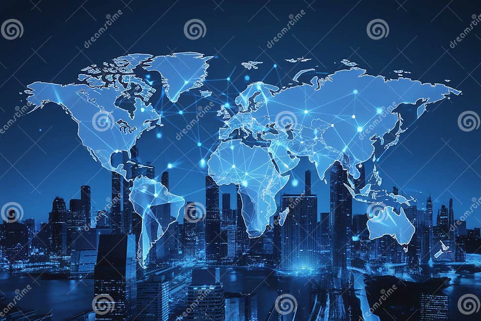 Digital World Map on Grid Background, Glowing Continents Emphasize ...