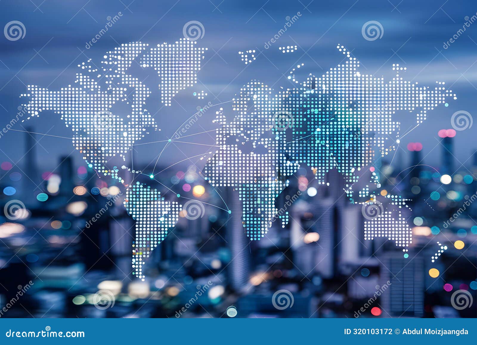 Digital World Map with Illuminated Dots on Blurred Urban Skyline ... Digital World Map with Illuminated Dots on Blurred Urban Skyline ...