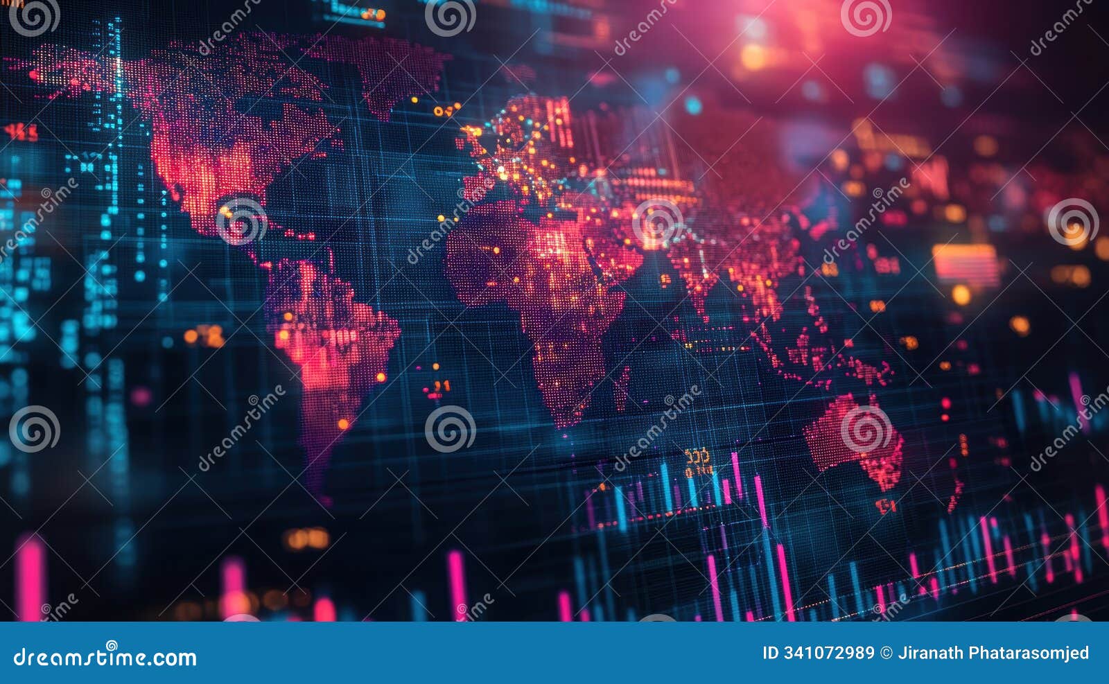 A Digital World Map Illuminated with Vibrant Colors, Showcasing Data Visualization and Global ...