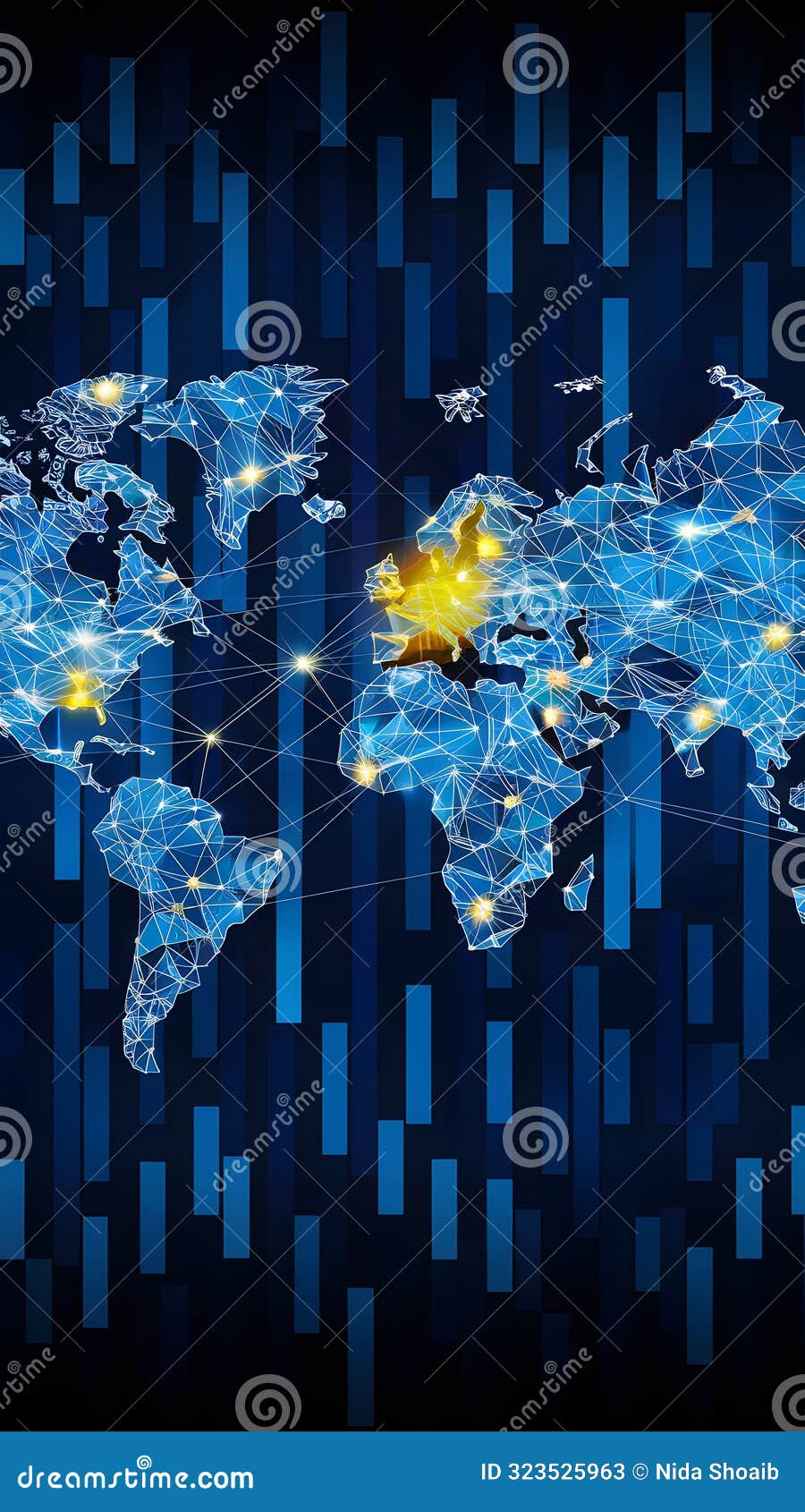 Digital World Map of Interconnected Dots, Blue with Bright Spots, Data ...