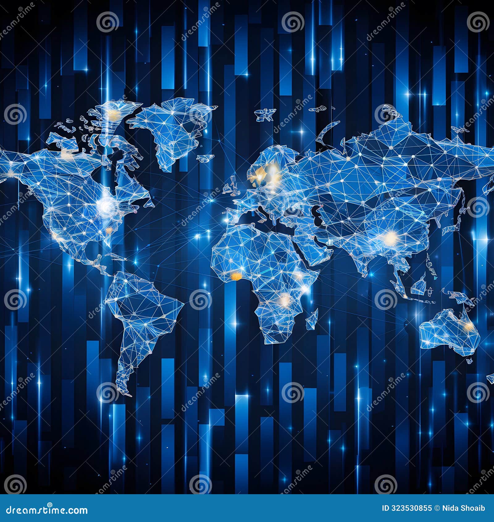 Digital World Map of Interconnected Dots, Blue with Bright Spots, Data ...