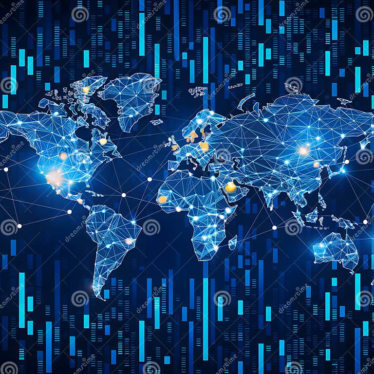 Digital World Map of Interconnected Dots, Blue with Bright Spots, Data ...