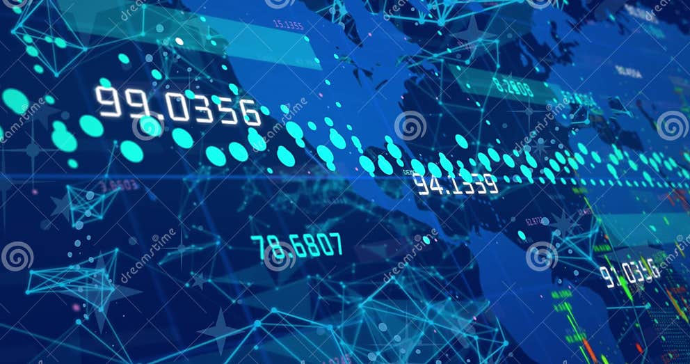 Digital World Map with Numbers and Data Points on Blue Background Stock ...