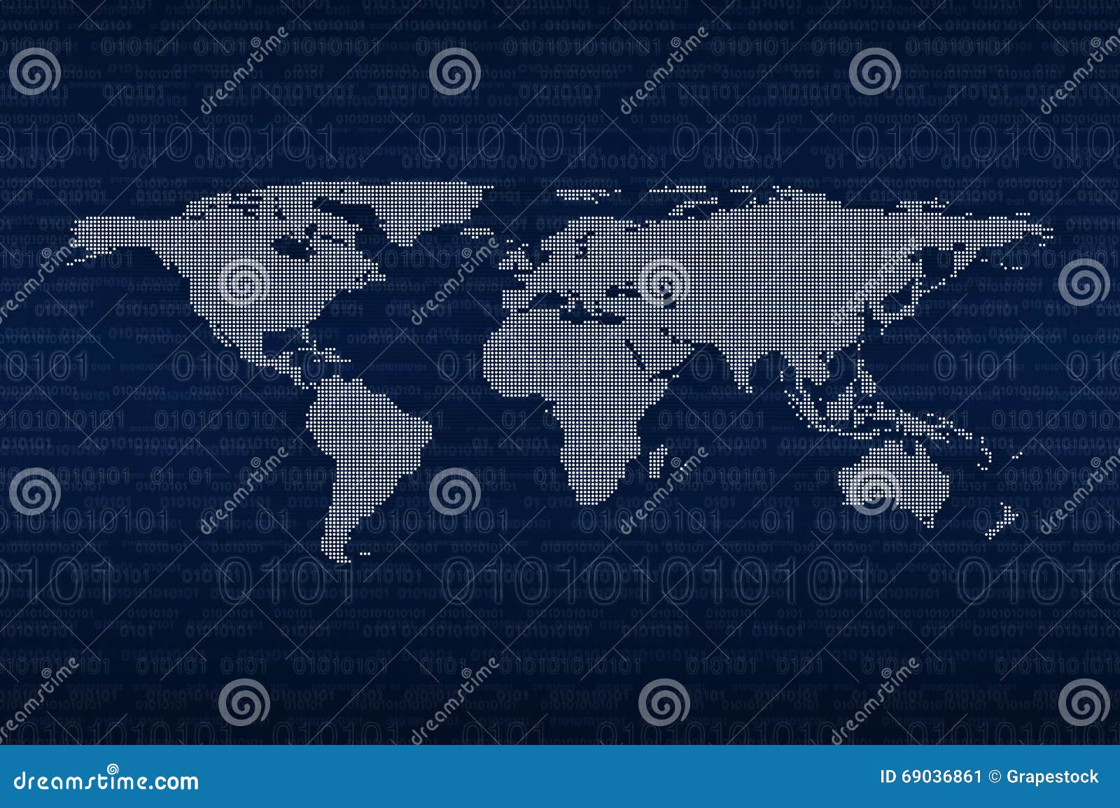 Digital World Map Over Binary Code Blue Background Elements Of Stock Illustration