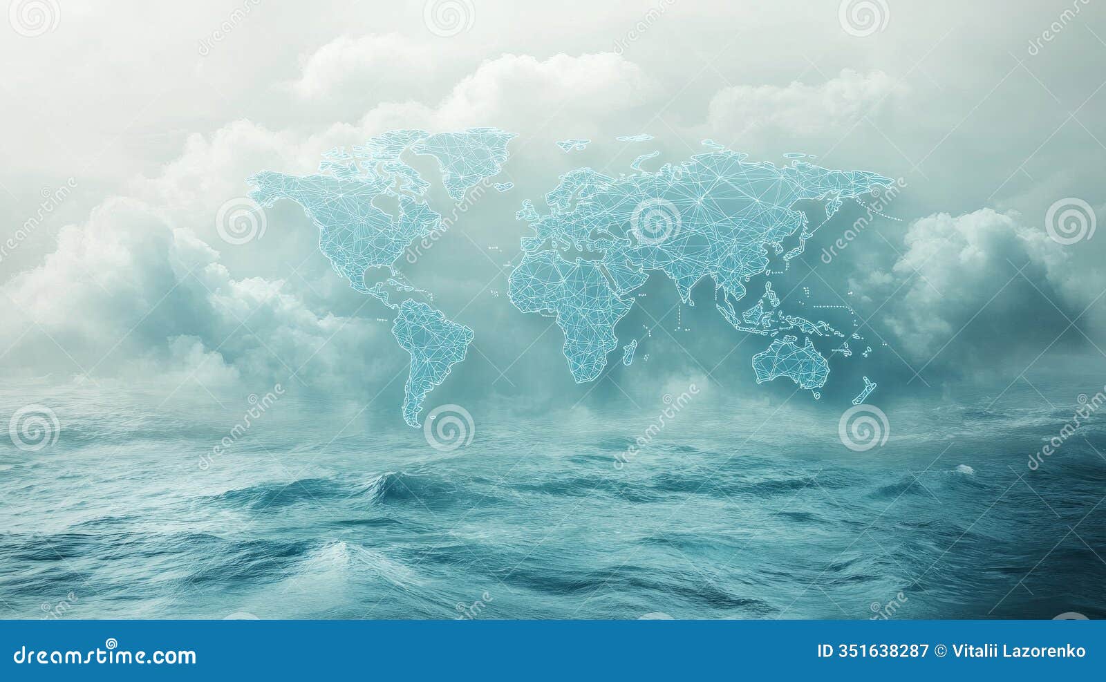 Digital World Map Overlay on Oceanic Horizon and Clouds Stock ...