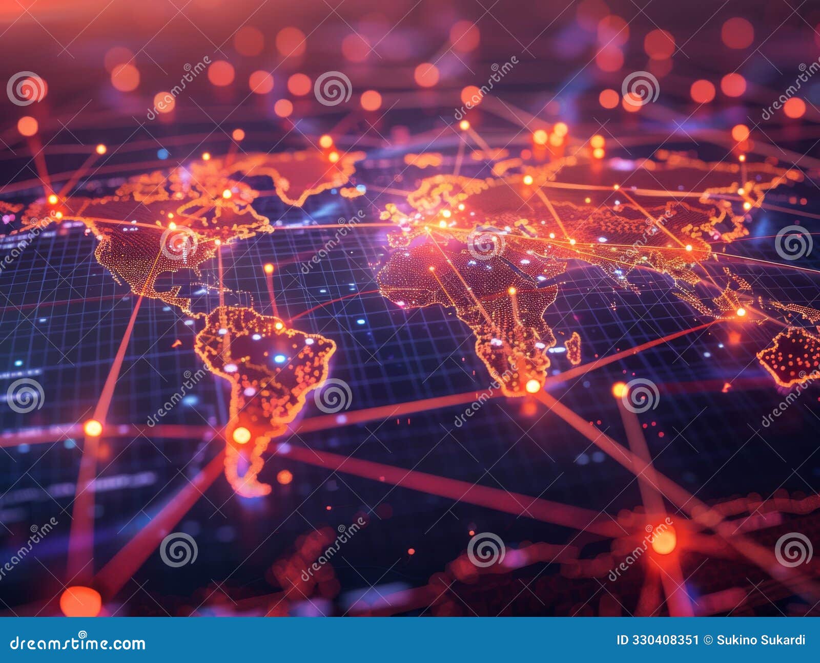 A Digital World Map with Red and Orange Lines Connecting Different ...