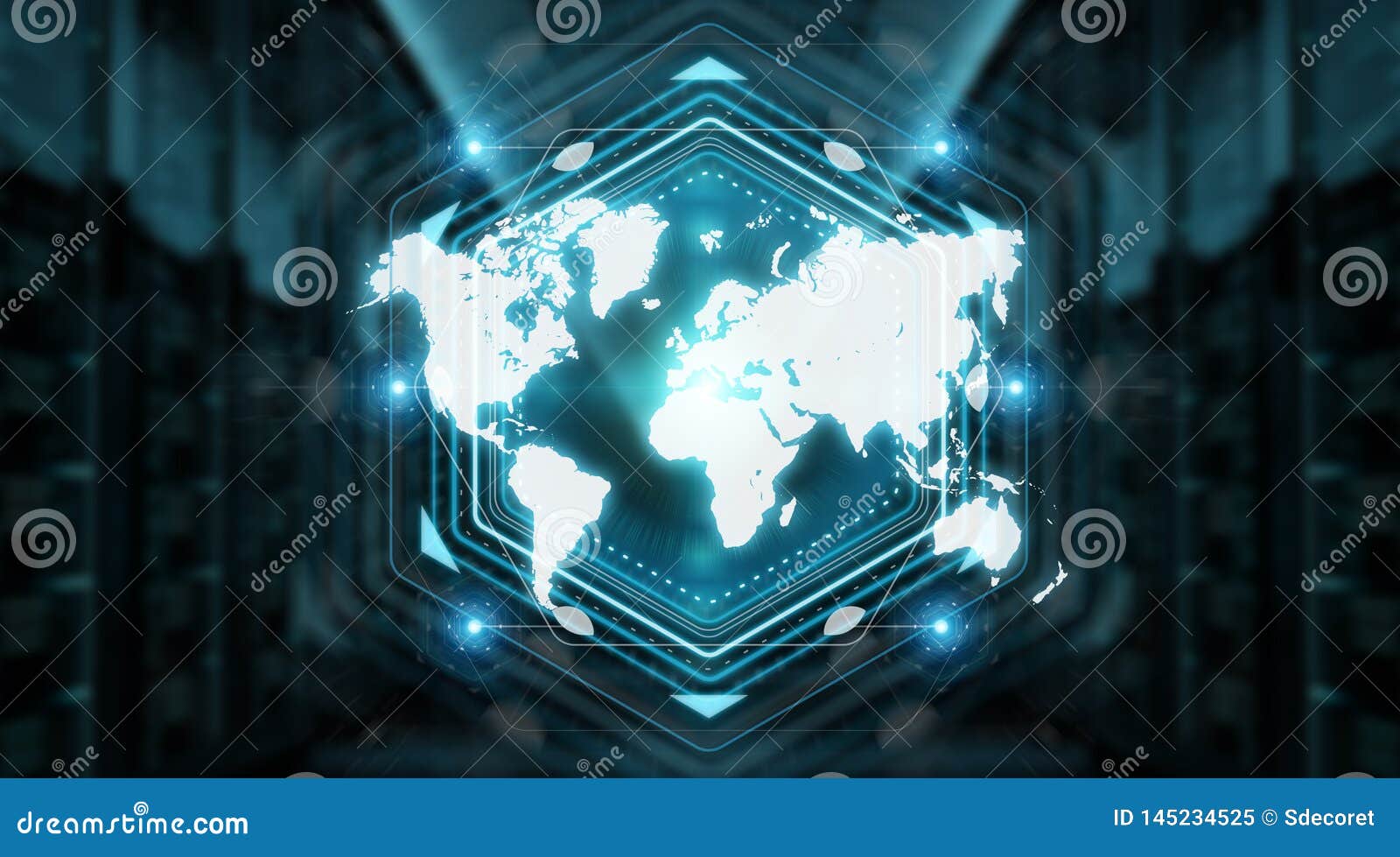 Digital World Map Screen Interface 3D Rendering Stock Illustration ...