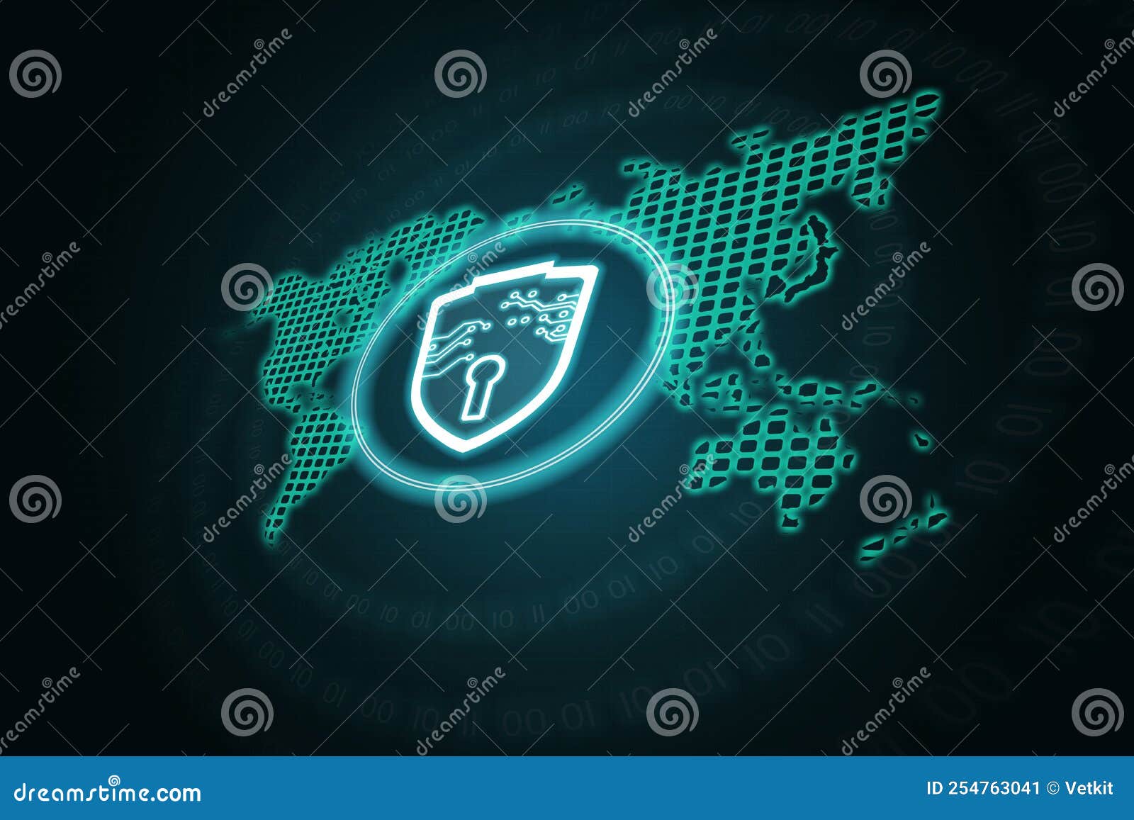 Digital World Map with Shield Stock Illustration - Illustration of lock ...