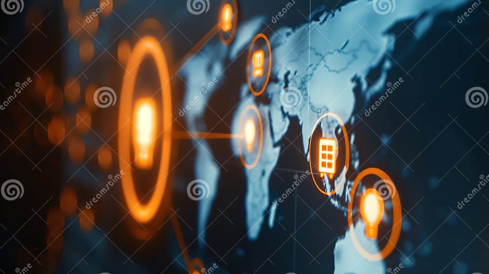 A Digital World Map Visualizing Global Connectivity with Vibrant Orange ...