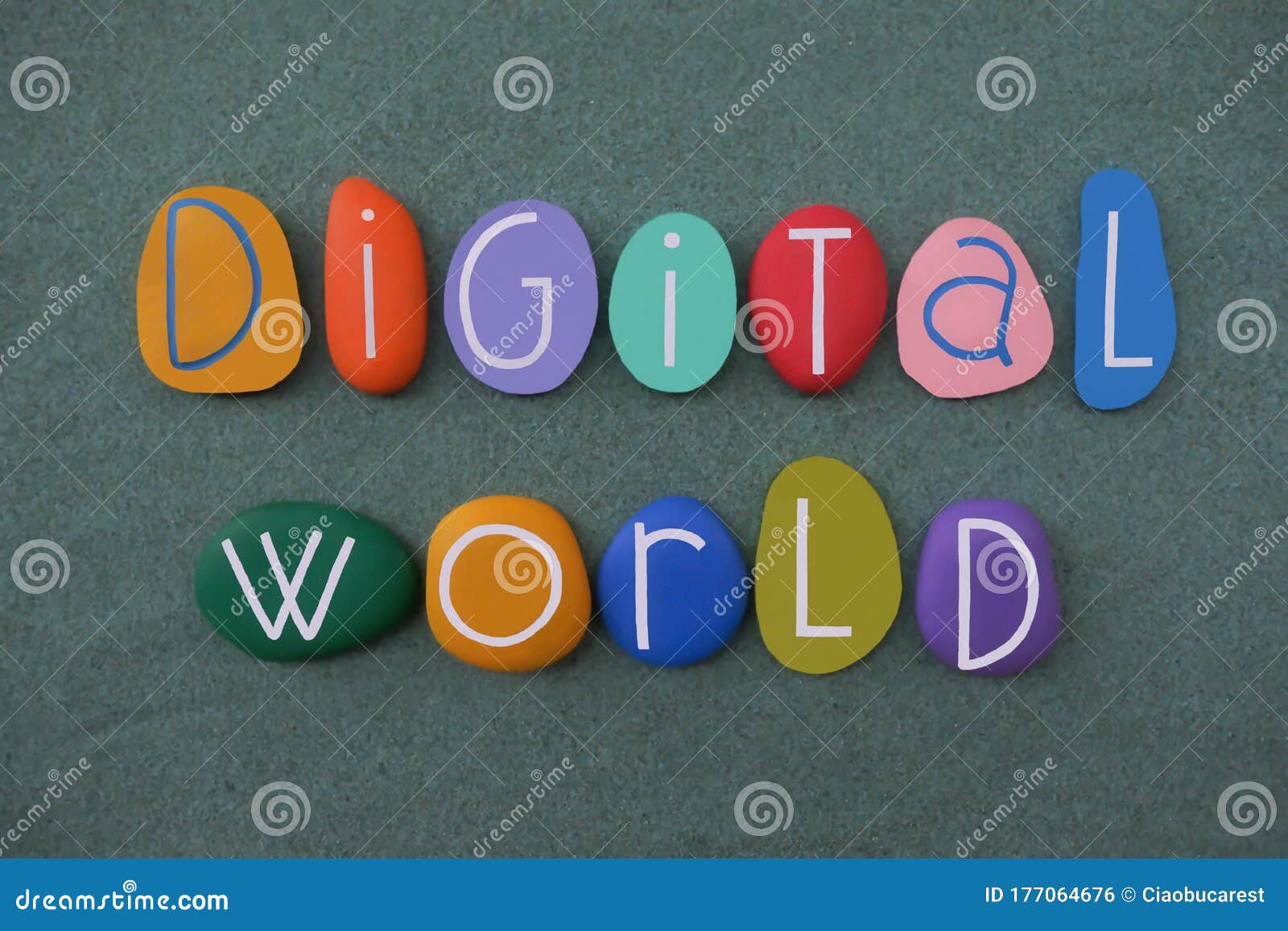 Digital World Text Composed with Multi Colored Stone Letters Over Green ...