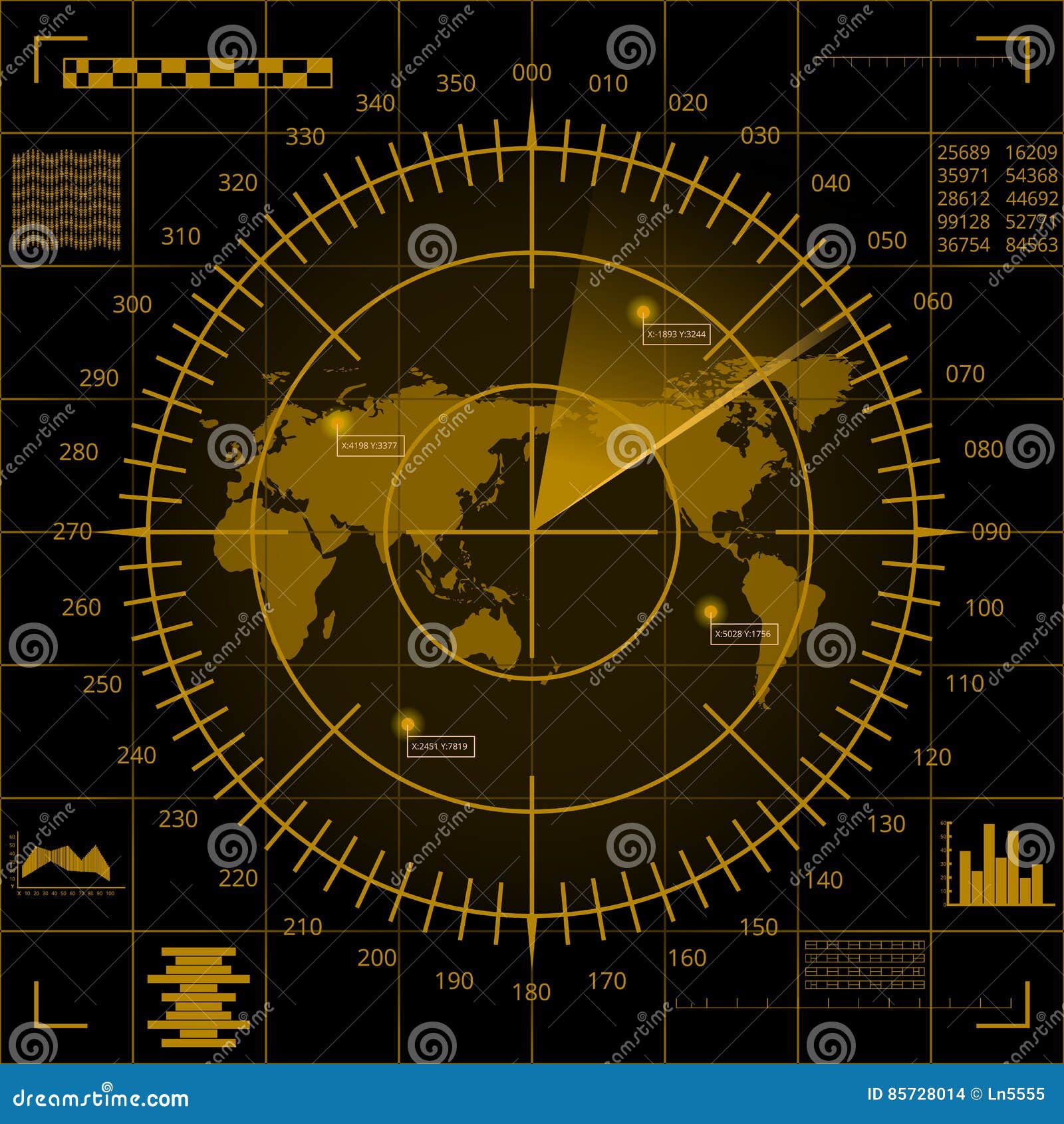 Digital Yellow Radar Screen with World Map, Targets and Futuristic User ...