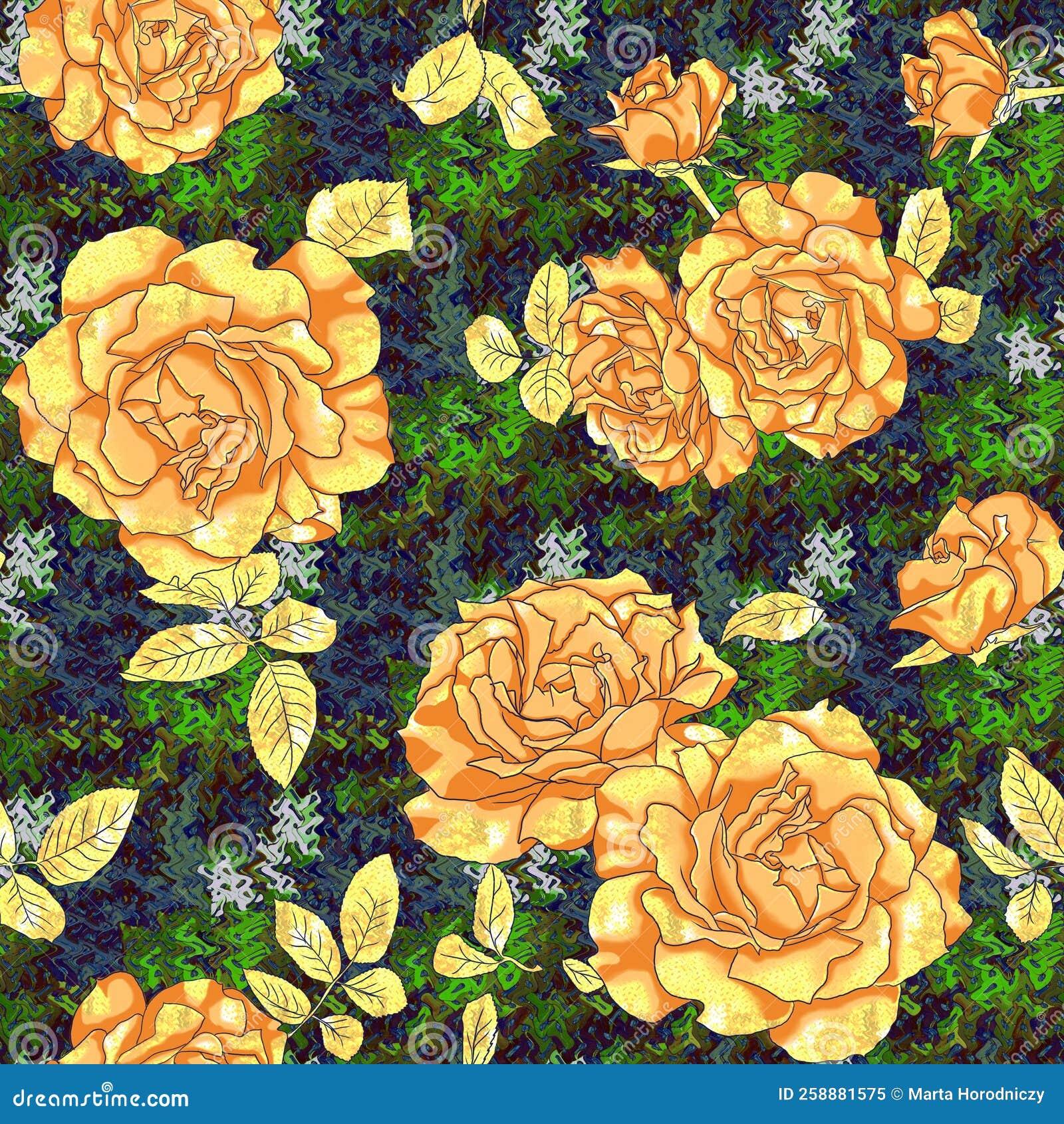Digital Yellow Rose Bouquet Pattern with Green Texture. Spring and ...
