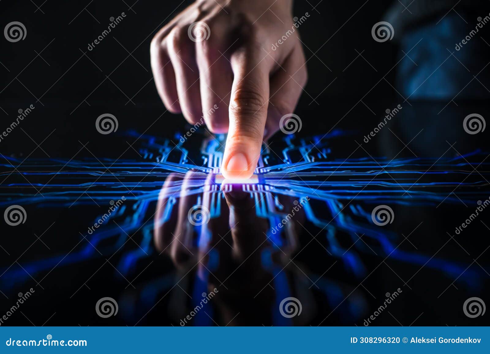 Digitalization Concept: Human Finger Pushes Touch Screen Button and ...