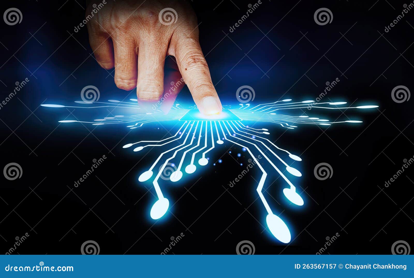 Digitalization Concept. Human Finger Turns on Hologram Innovation ...