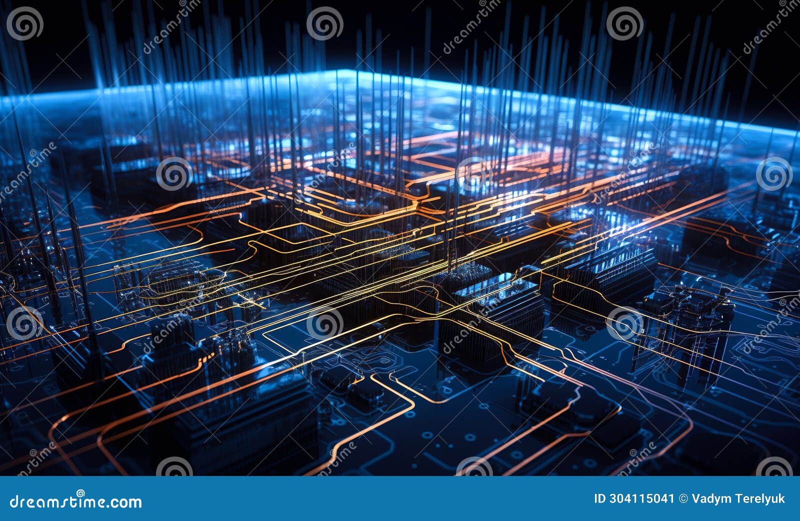 Digitalization Process on the Board Chip Virtual Computer. Futuristic ...