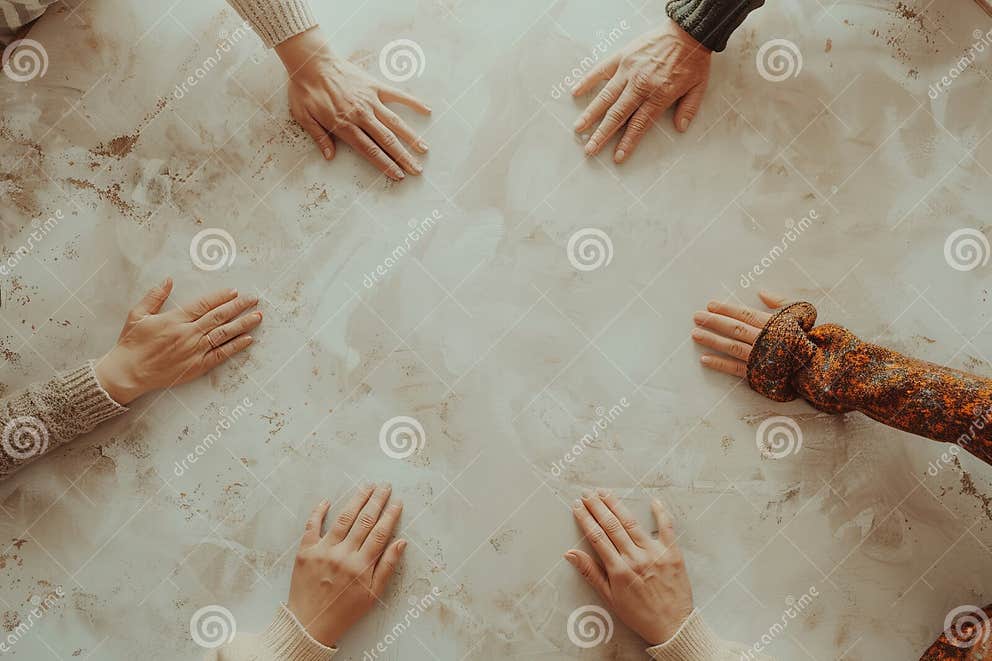 Top View of Six Diverse Hands on a Light Textured Surface, Concept of ...
