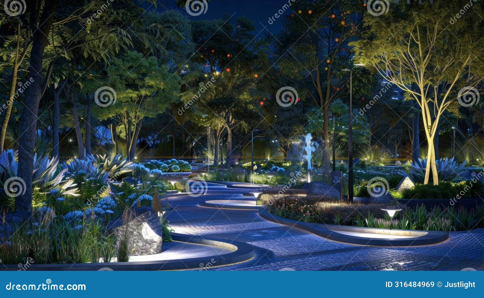 A Digitally Enhanced Image of a Park with Sustainable Lighting Features ...