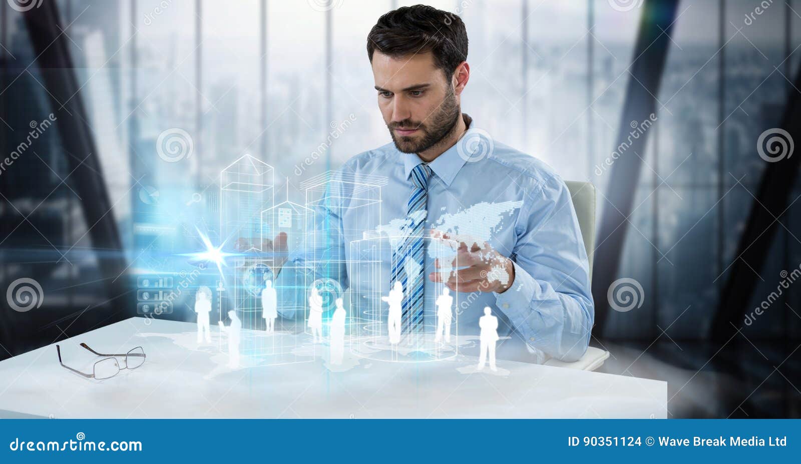 Digitally Generated Image of Businessman Examining Employees and World ...