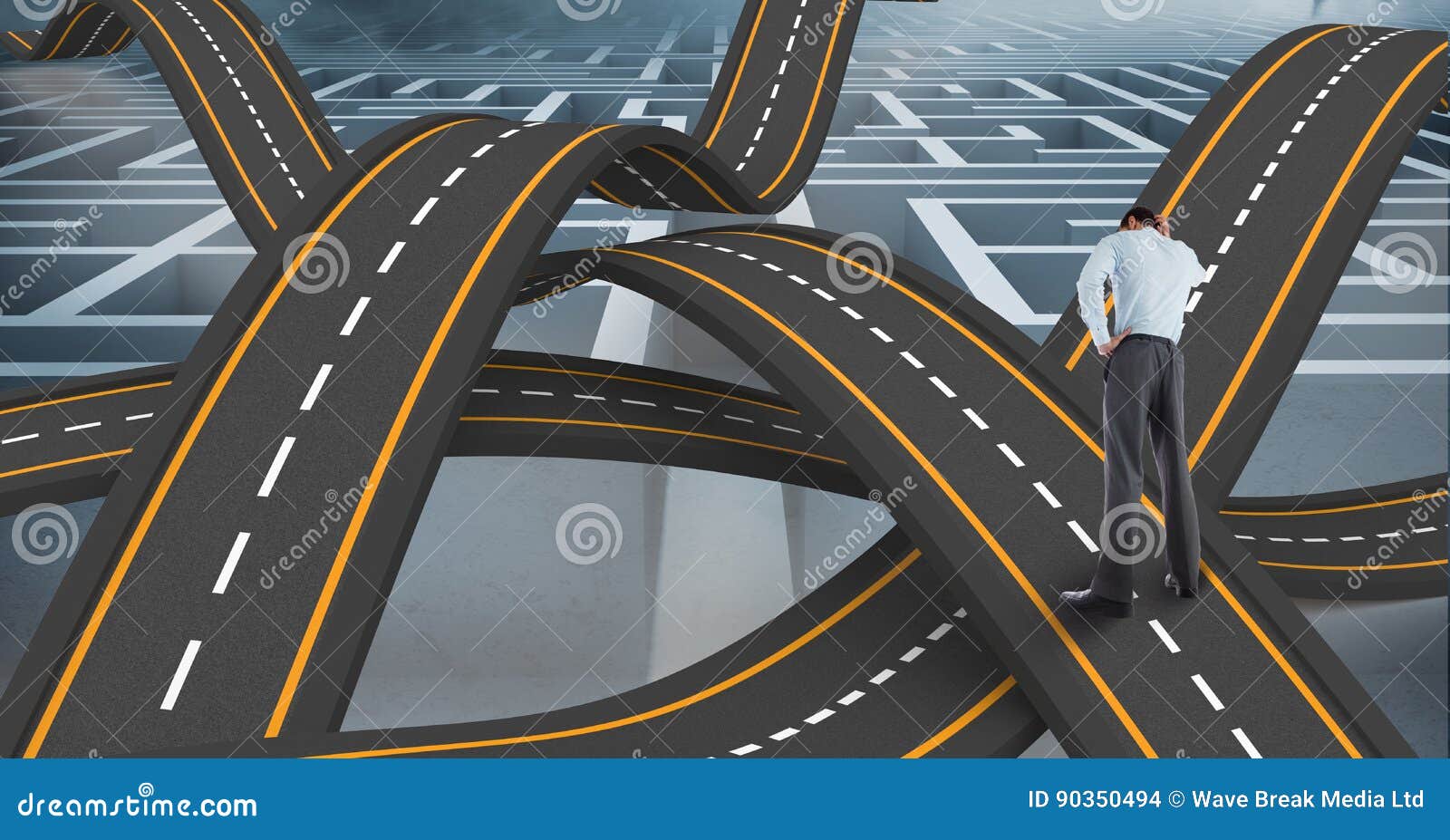 Digitally Generated Image of Confused Businessman Standing on Wavy Road ...